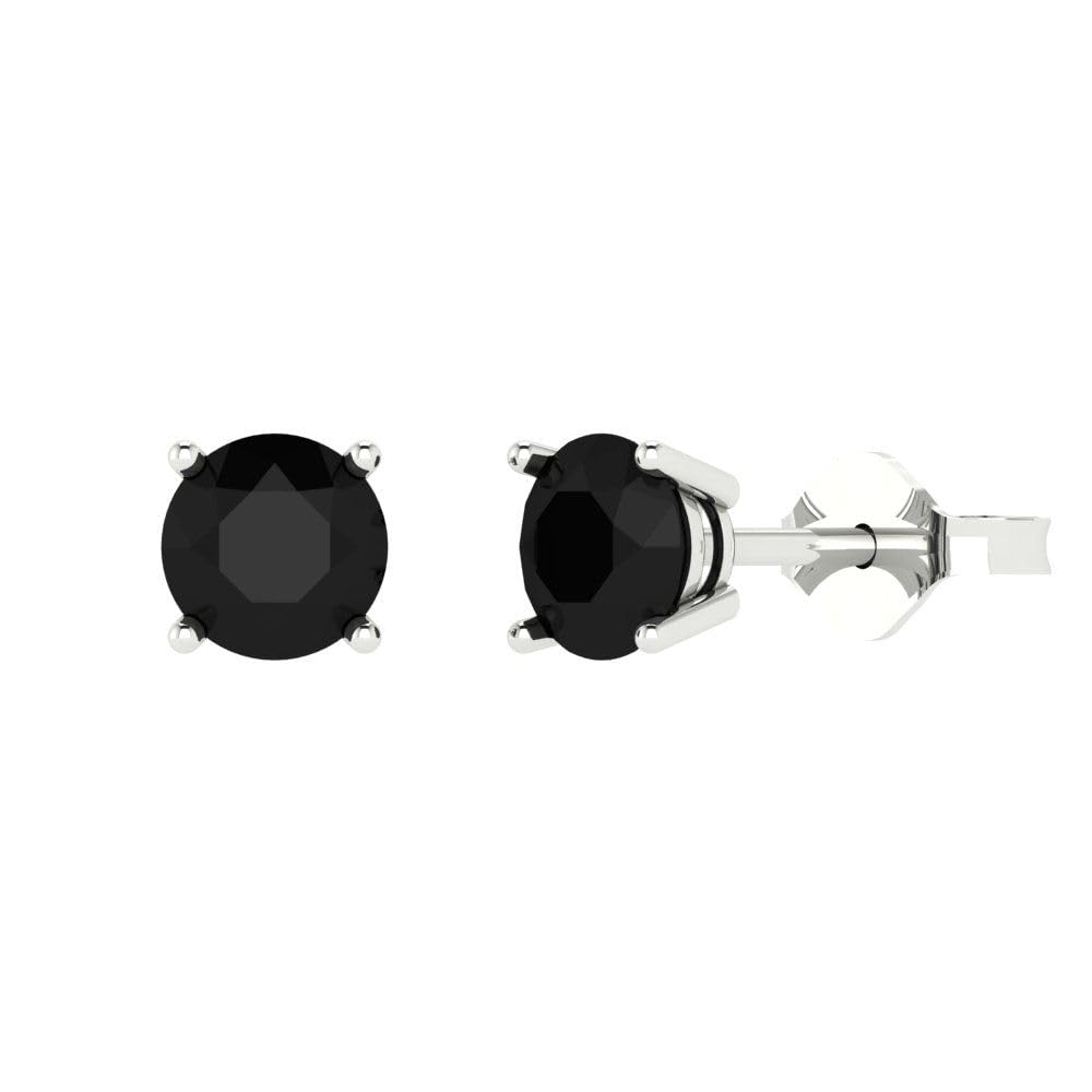 1.6 ct Brilliant Round Cut Solitaire VVS1 Natural Black Onyx Pair of Stud Earrings Solid 18K White Gold Push Back