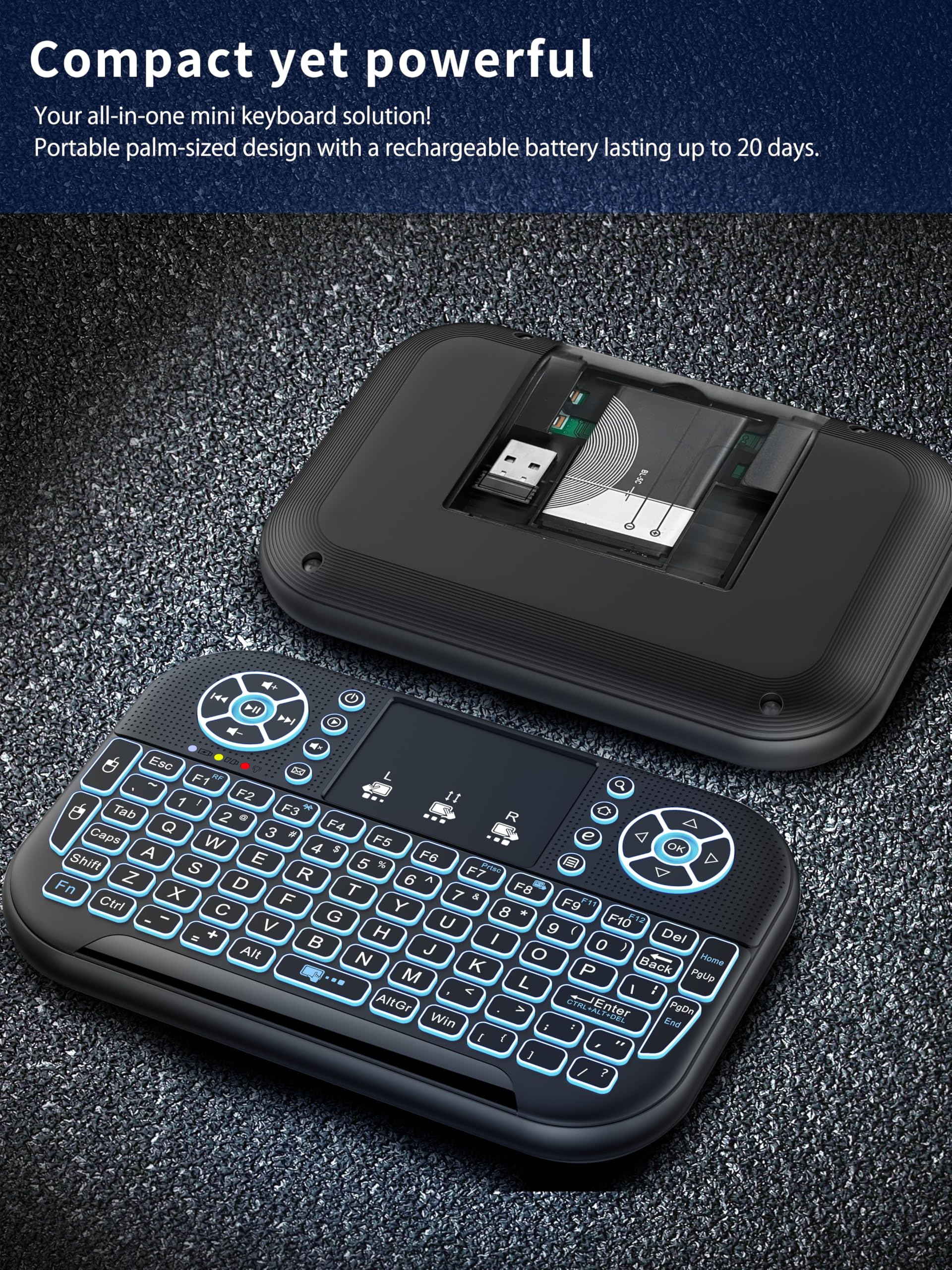 GECENinov Mini Wireless Touchpad Keyboard, Portable , 7 Colors RGB Backlit , 2.4G Rechargeable Remote Controller Mouse Combo, Compatible with PC, Laptops, Smart TVs, Gaming