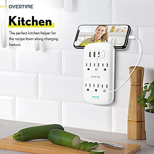 6 Outlet Extending Surge Protector, Multi Outlet Extender Wall Adapter with 4 USB Fast Charging Ports, 6 AC Outlets, Phone Mount, 1200J Surge Protection, ETL Certified (2-Pack, White)