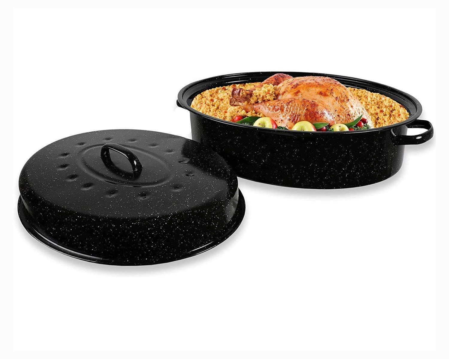 14.6 Inch Roasting Pan with Lid - Covered Oval Roaster - Enamel Carbon Steel Roaster Pot