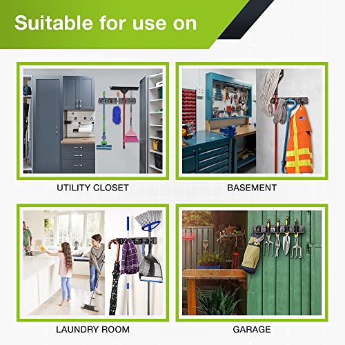 Alpine Mop And Broom Holder Wall Mount β Durable Holders For Garden Tools Broom Rake Gripper With 5 Slots & 6 Hooks - A Home Organization Must Haves