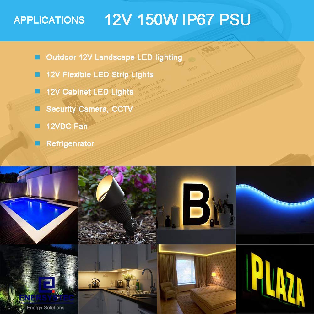 12V LED Driver 150 Watts 110V to 12 Volt Power Supply Waterproof IP67 Transformer 150W 12V DC LED Power Supply AC to DC Converter with 3 Prong Plug, 120V AC to 12V DC Power Adapter Low Voltage