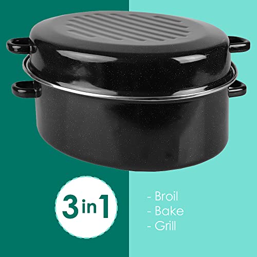 14" Enameled Roasting Pan With Lid, By Home Basics (Black) | Turkey Roasting Pan | Carbon Steel Large Turkey Roasting Pan | For Turkey, Stew, and Pot Roast