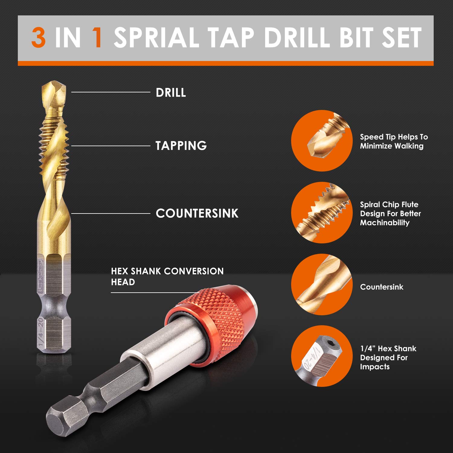 Luckyway 7-Piece Combination Drill and Tap Bits with Quick-Change Adapter, 3-in-1 Titanium Coated Screw Tapping Bit Tool for Drilling, Tapping, Countersinking