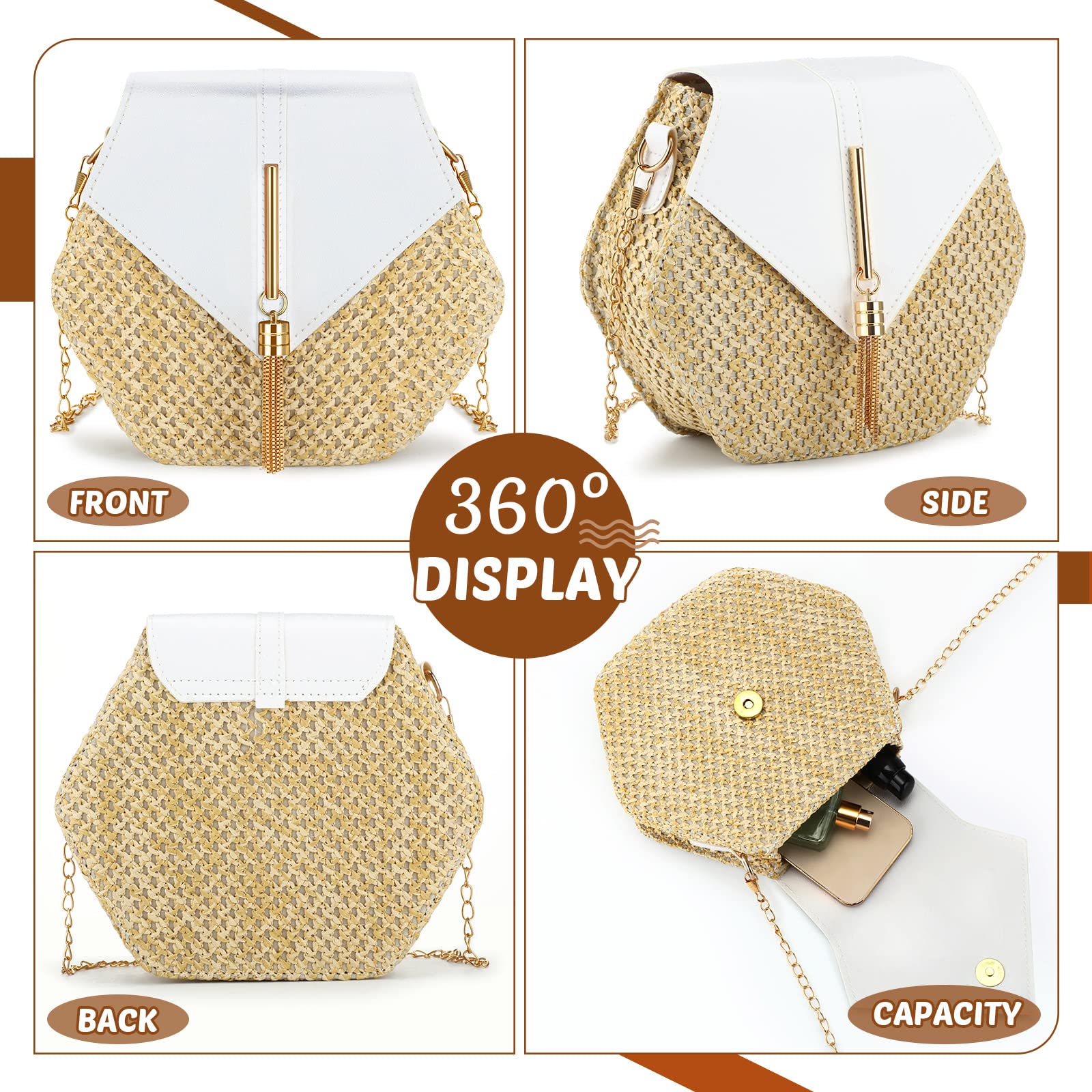2 Pieces Straw Bag Straw Purse for Women Cute Crossbody Shoulder Bag Boho Woven Summer Vacation Beach Purse Hex Shape Straw Rattan PU Handbag Clutch (White, Brown)