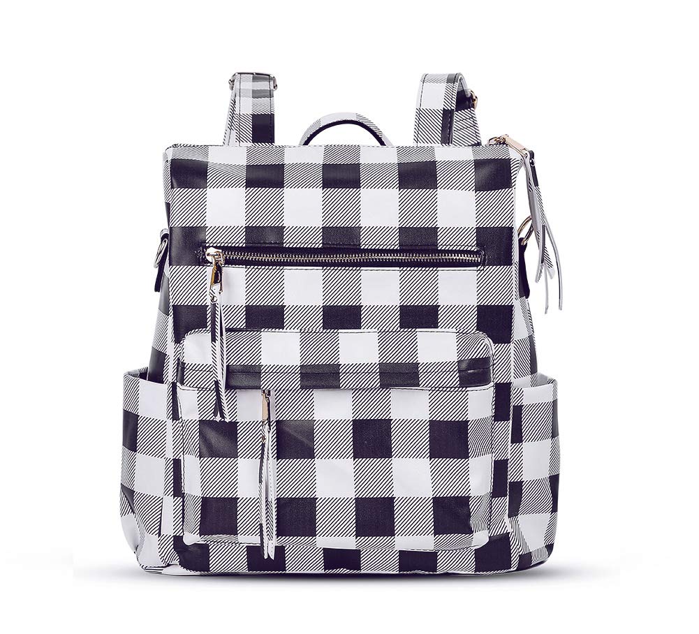 CRAZITAYA Womens Buffalo Plaid Check Backpack Purse,Nappy Diaper Bags for Mom Multi-Function Zip Leather Large Daypack(White Plaid)