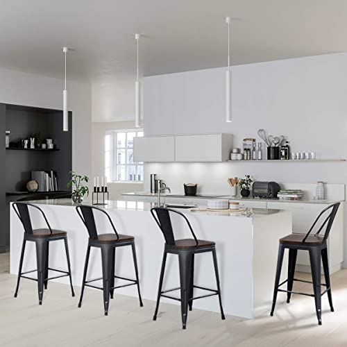 Aklaus Metal Bar Stools Set of 4,26 inch Barstools Counter Height Bar Stools with Backs Farmhouse Bar Stools with Larger seat High Back Kitchen Dining Chairs Modern Bar Chairs Matte Black Stool