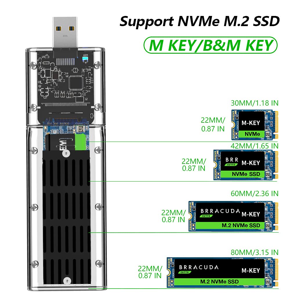 AOJUE M.2 NVME SSD Enclosure Adapter, USB 3.1 Gen 2 (10 Gbps)(USB3.0 Compatible) to NVME PCI-E M-Key Solid State Drive External Enclosure (Fits only NVMe PCIe 2242/2260/2280)-DM201PUA (Black)