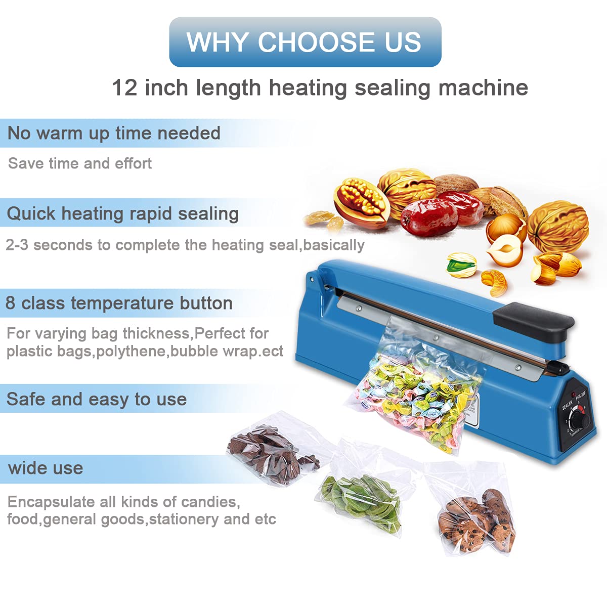 12 Inch Impulse Heat Sealer Machine, Cookie Bag Sealer for Plastic Mylar PE PP Bags and Kraft Paper Bags, Manual Poly Bag Hot Seal Sealing Machine with Extra Replace Element Grip