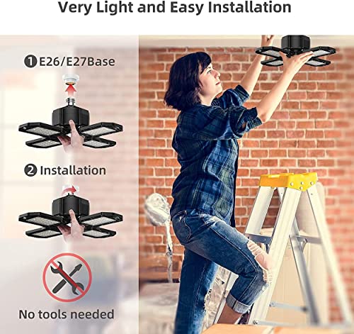 KAQ Led Garage Light 200W 20000LM Deformable, 6500K Garage Ceiling Lights with 4 Panels for E26 E27 Lampholder, Super Bright Garage Lighting Shop Work Lights, Metal Aluminum Alloy Shell Easy to Heat