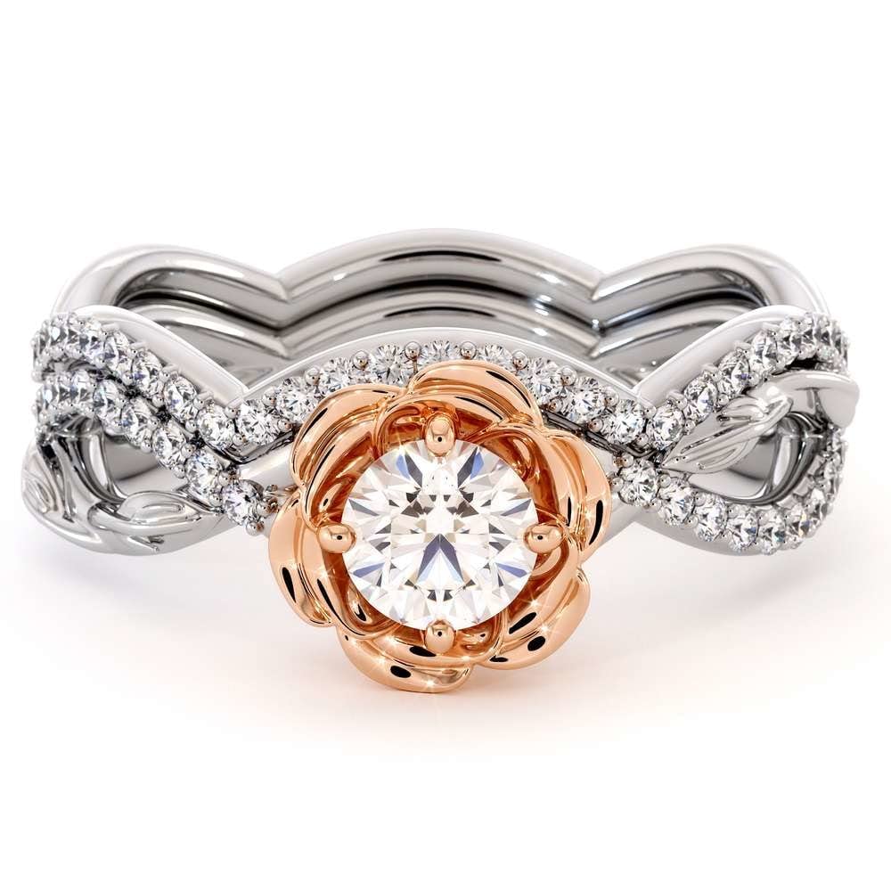 1.8 Ct Round Cut White Diamonds Flower Leaf Twisted Band Two Tone Bridal Wedding Ring Set, 925 Sterling Silver Rhodium Plated (7, Two Tone Finish)