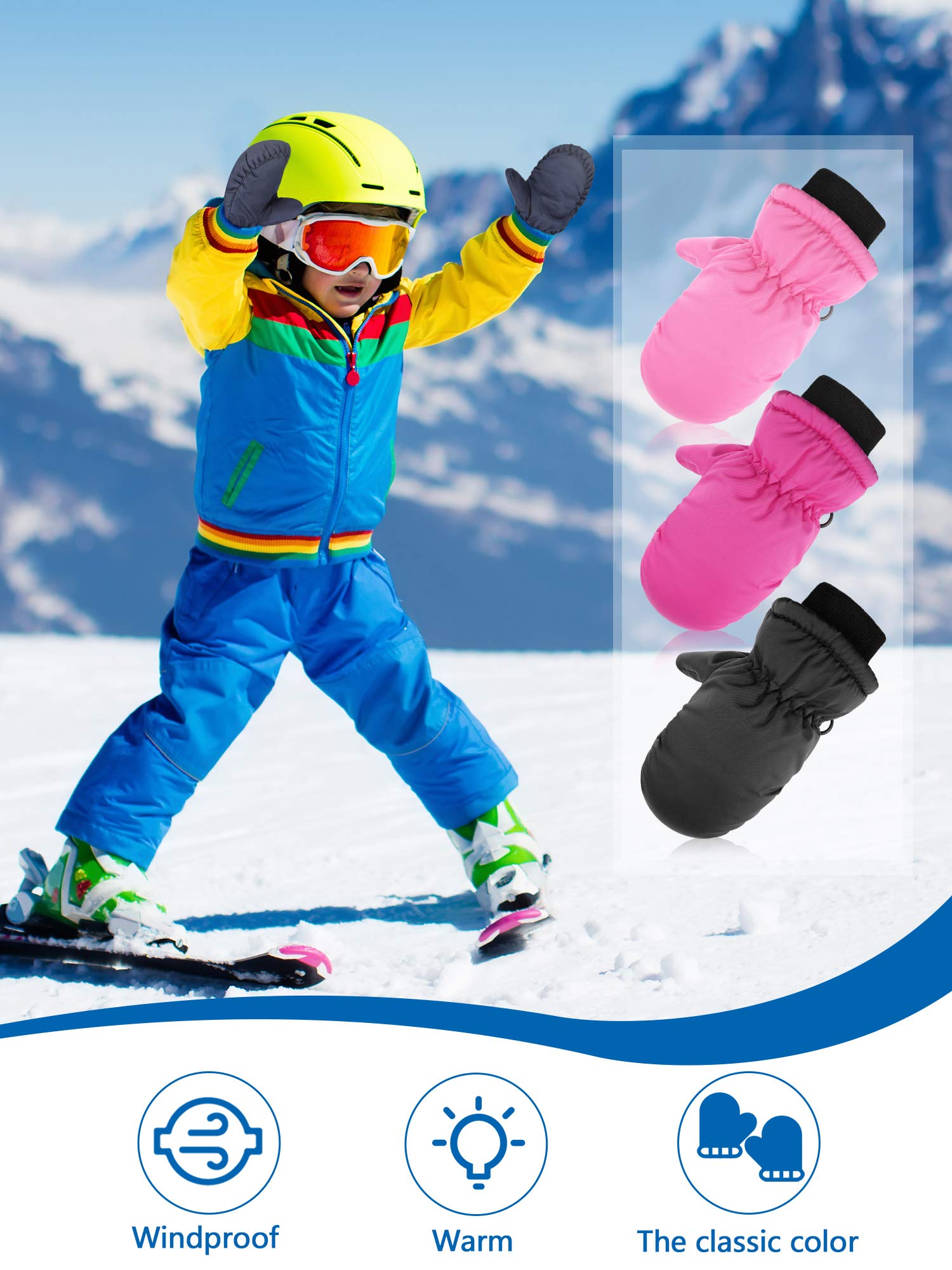 6 Pairs Waterproof Gloves Kids Winter Snow Mittens Windproof Ski Gloves for Weather Children Outdoor Activities (Solid Colors,5-8 Years)
