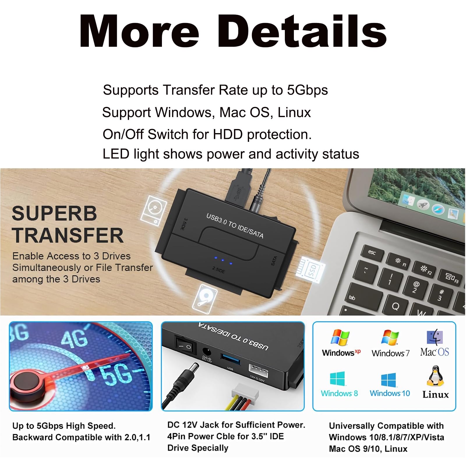 EYOOLD SATA IDE to USB 3.0 Adapter, External Hard Drive Reader Ultra Recovery Converter for Universal 2.5 3.5 IDE and SATA HDD SSD, 5.25-inch DVD/CD-ROM Optical Drive, Easy to Use