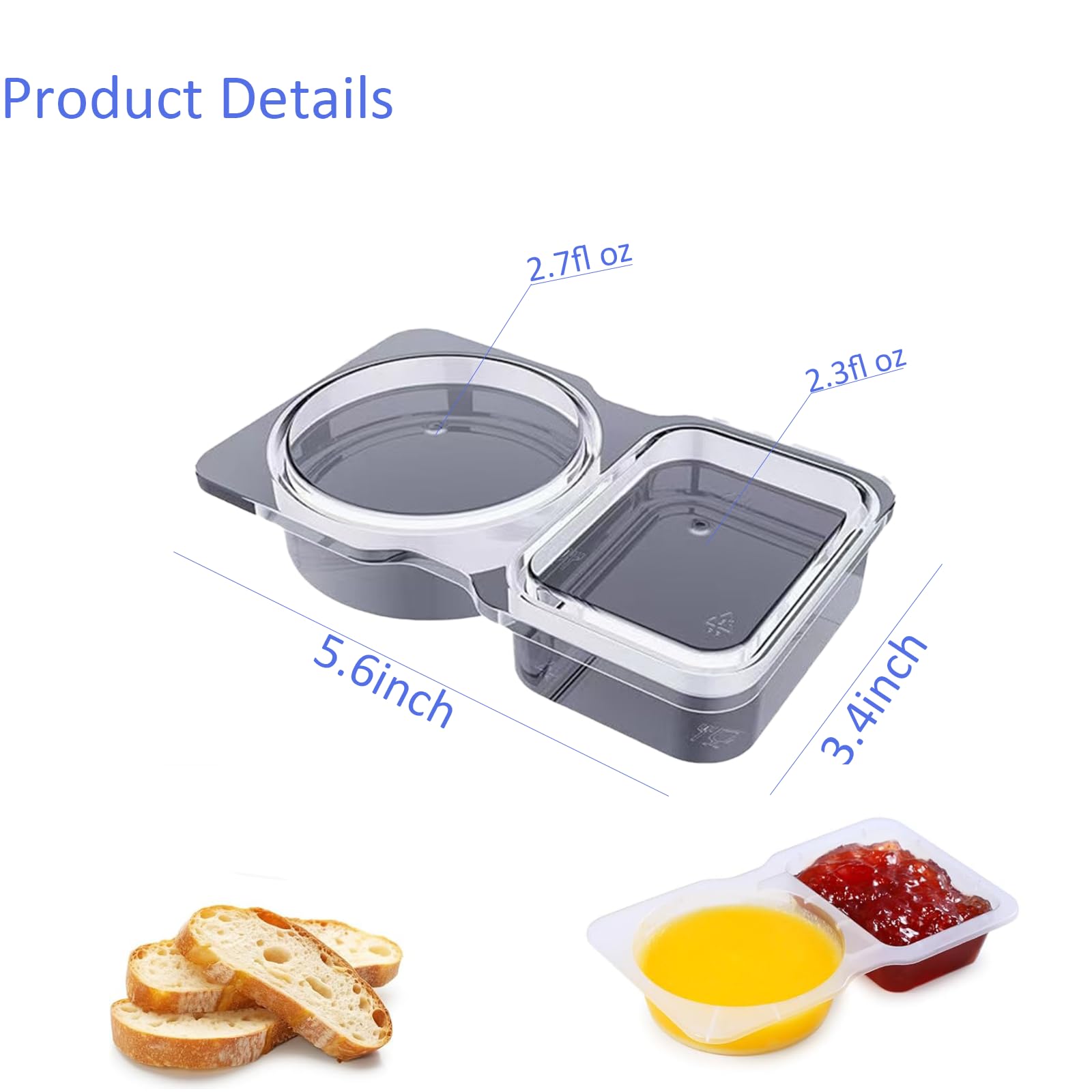 10PCS Double Compartment Condiment Container,Reusable 2 Compartment Snack Containers,Sauce Container With Lid,Ideal for traveling, portable lunches, snacks (Rectangular)