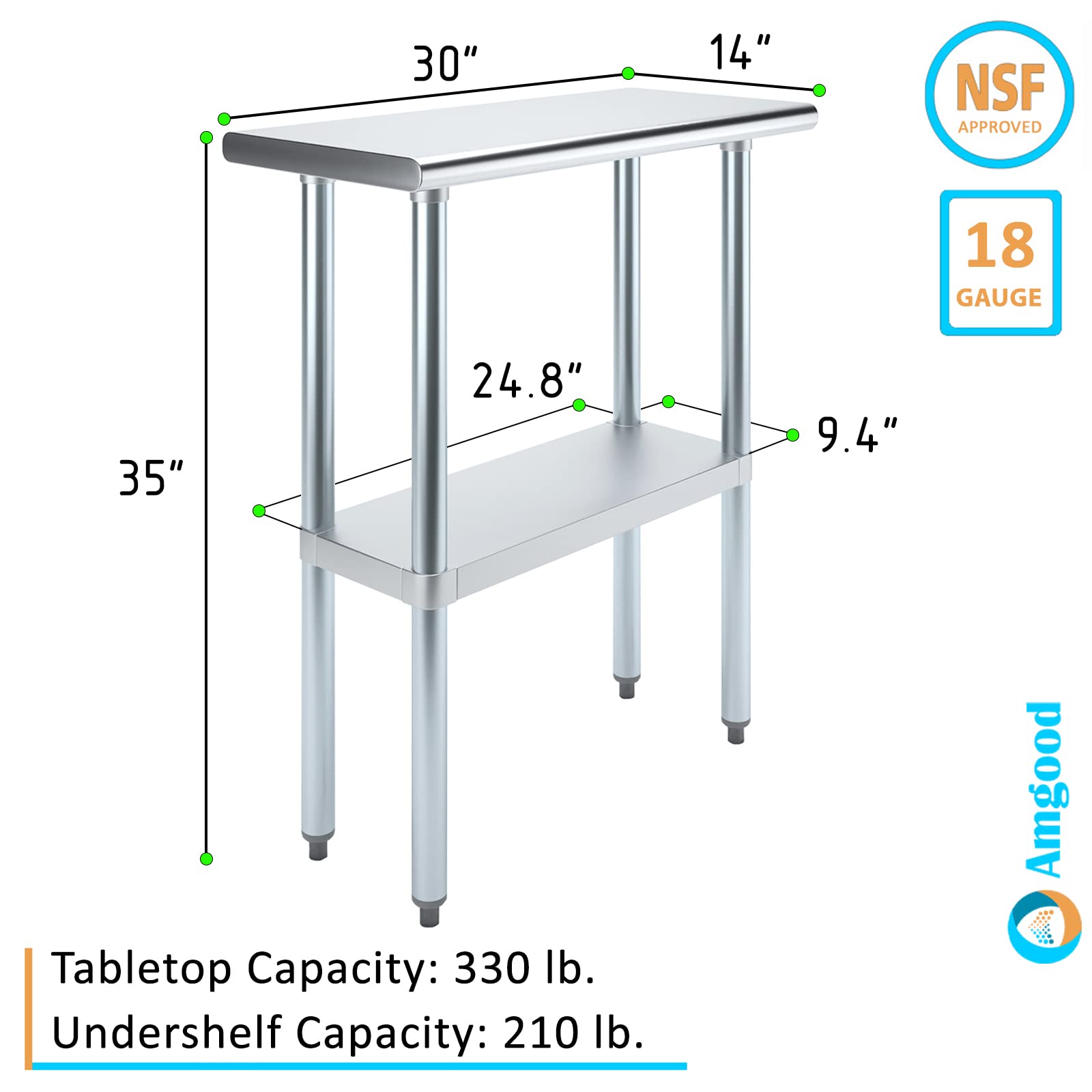 14" x 30" AmGood Stainless Steel Work Table | Metal Kitchen Food Prep Table | NSF | Commercial & Residential Kitchen Laundry Garage Utility Bench