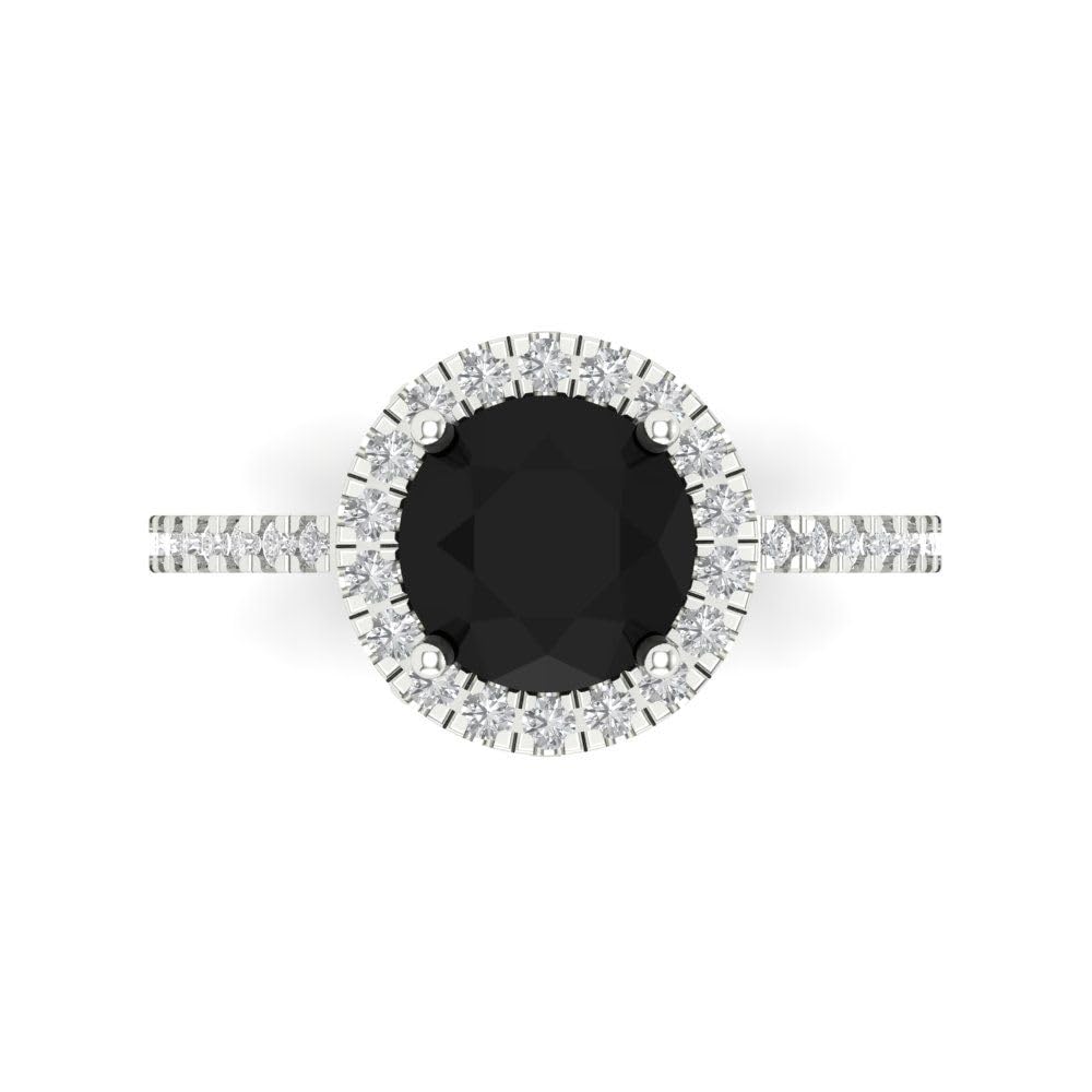 1.82ct Round Cut Solitaire halo Natural Black Onyx designer Modern Statement with accent Ring Solid 14k White Gold Size 4.5