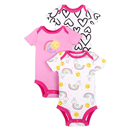 Lamaze Baby Girls' Super Combed Natural Cotton Short Sleeve Bodysuit, Snap Closure, 3 Pack, Pink and White Rainbows, 3 Months