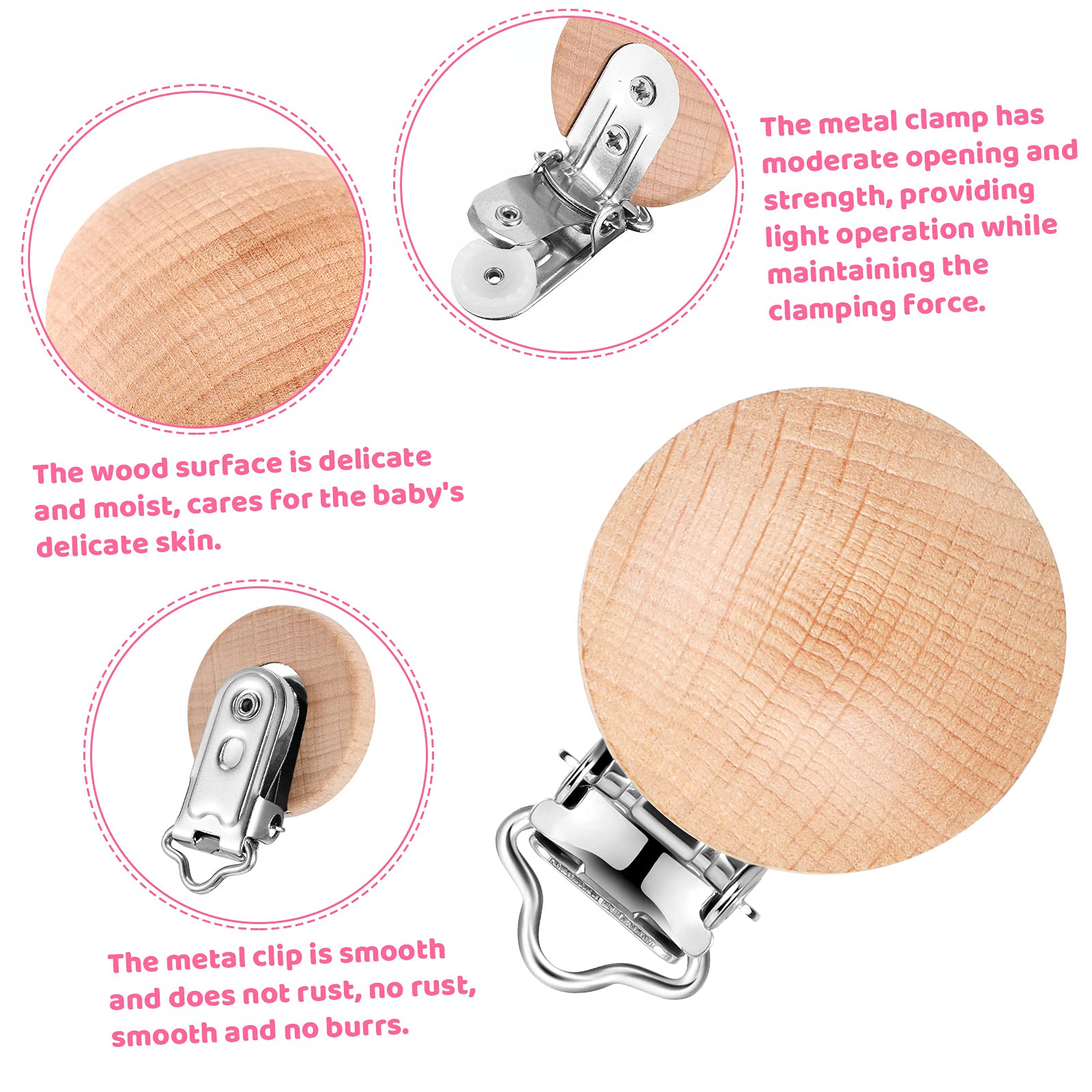 30 Pieces Natural Beech Wood Pacifier Clips Teething Grasping Toy Suspender Clips Wood Pacifier Clip Holder Charm DIY Clips (30 Pieces)