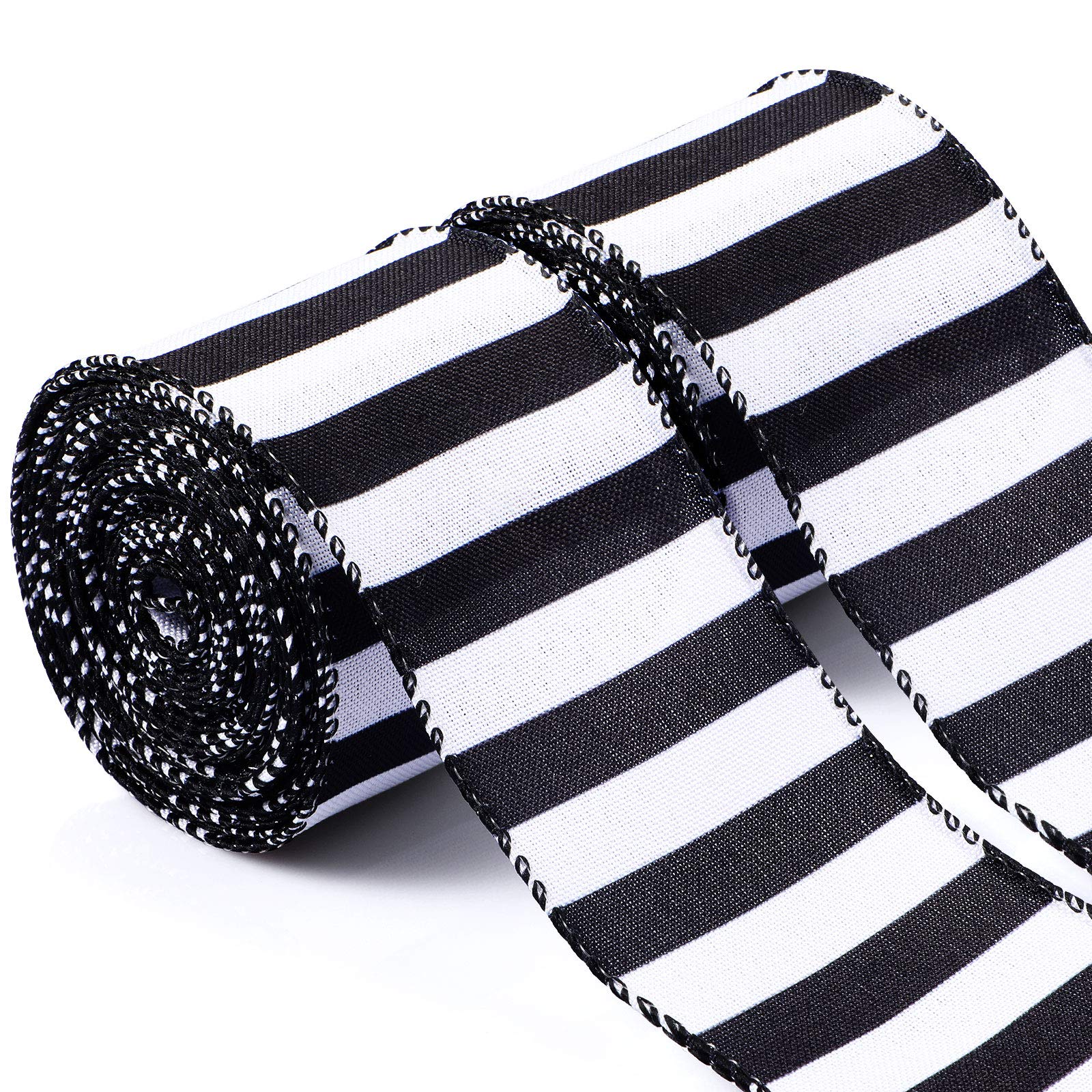 2 Rolls 10 Yards Horizontal Stripe Wired Ribbon Burlap Ribbon for Wreath, Bows Decor (Black)
