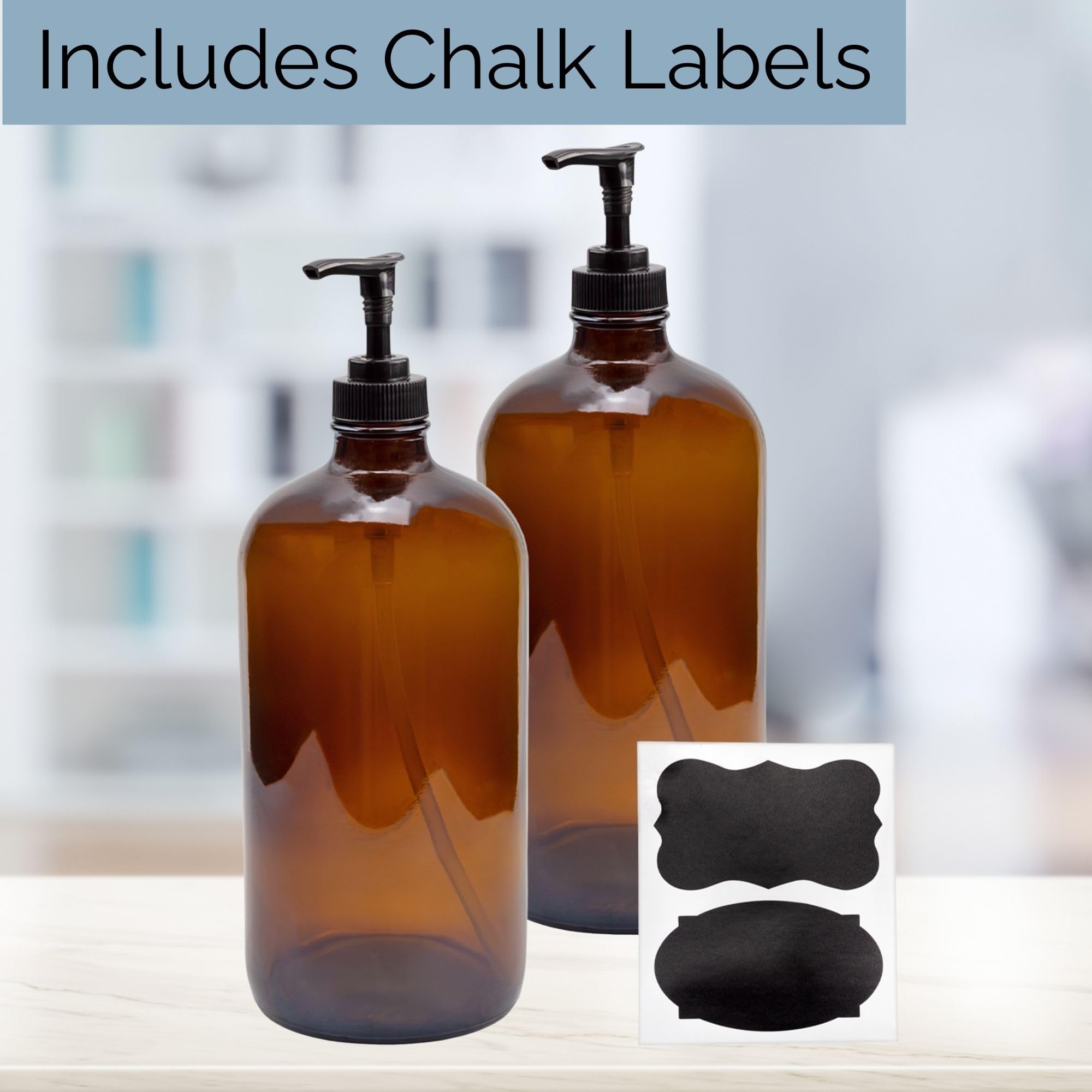 32-Ounce Amber Glass Lotion Pump Bottles (2-Pack); Quart Size Brown Bottles w/Black Plastic Locking Pump Dispensers; Includes Chalk Labels
