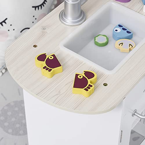 Qaba Kids Play Kitchen Set Pretend Wooden Cooking Toy Set with Drinking Fountain, Microwave, Fridge and Accessories for Age 3 Years, White