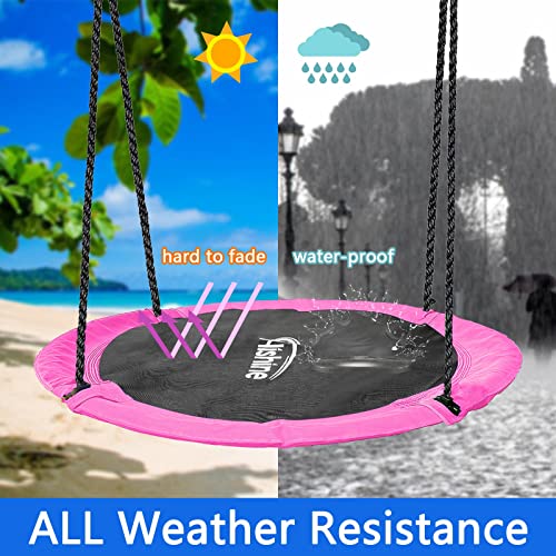 43β 700lbs Saucer Tree Swing,All-Weather Resistant Textilene Swing,360 Degree Spin,w/ 1 Swivel,2 Adjustable Ropes&Long Straps,Easy to Install,Comfortable for Kids Backyard,Playground (Pink)