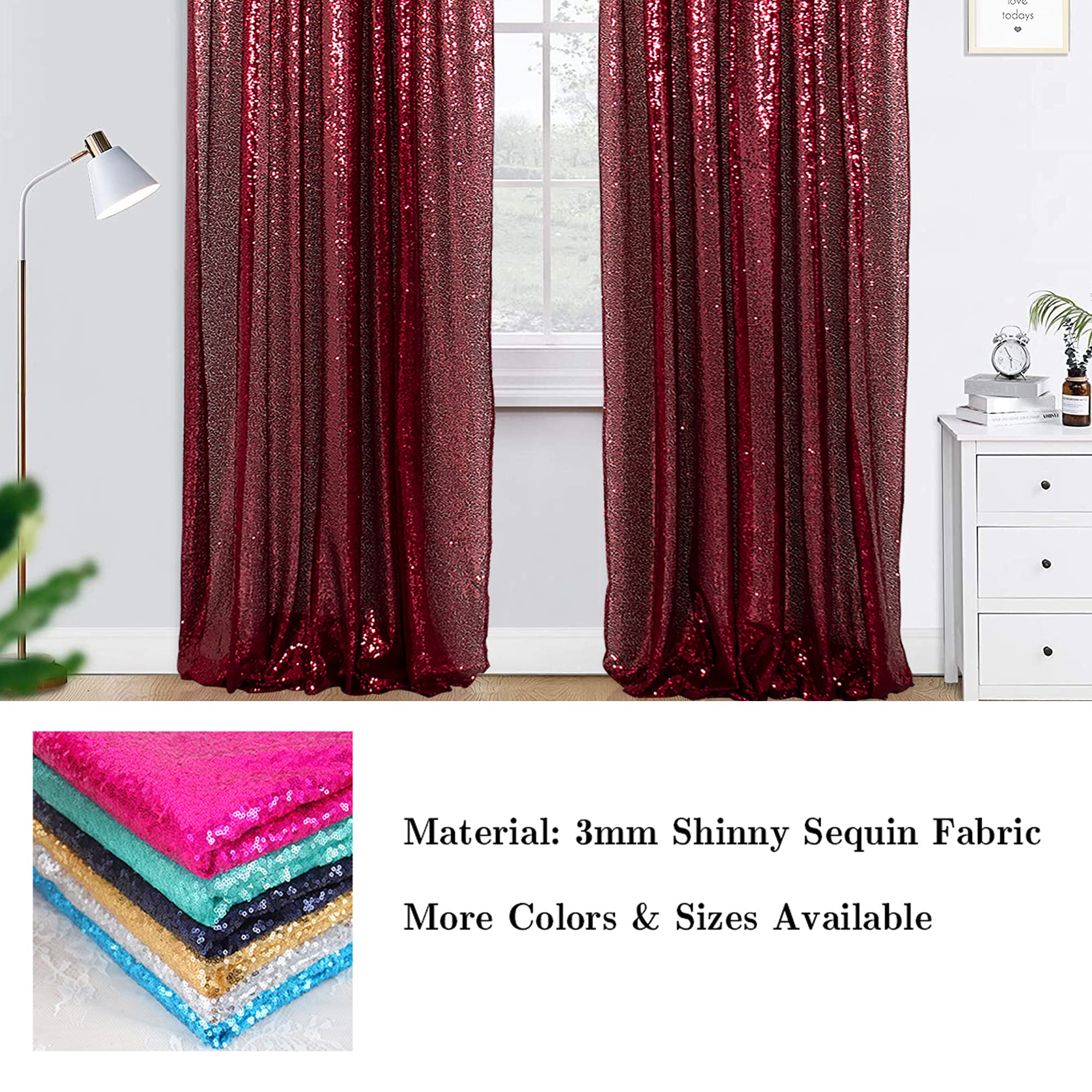 AMZLOKAE Sequin Curtains 2 Panels 2FTx8FT Burgundy Sequin Curtain Backdrop Sequin Window Curtains Photography Backdrop Glitter Shower Curtains Party Backdrop Wine Sparkle Backdrop Christmas Decor