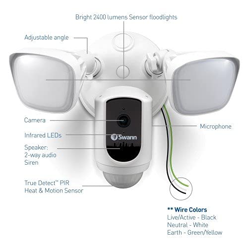 Swann Wi-Fi 1080p Waterproof Motion Activated FloodLight Camera with Night Vision, Heat Sensing, 2-Way Talk, Dimmable 2400 Lumens, Wide 125 Degree Viewing, Free Cloud & Local Recording