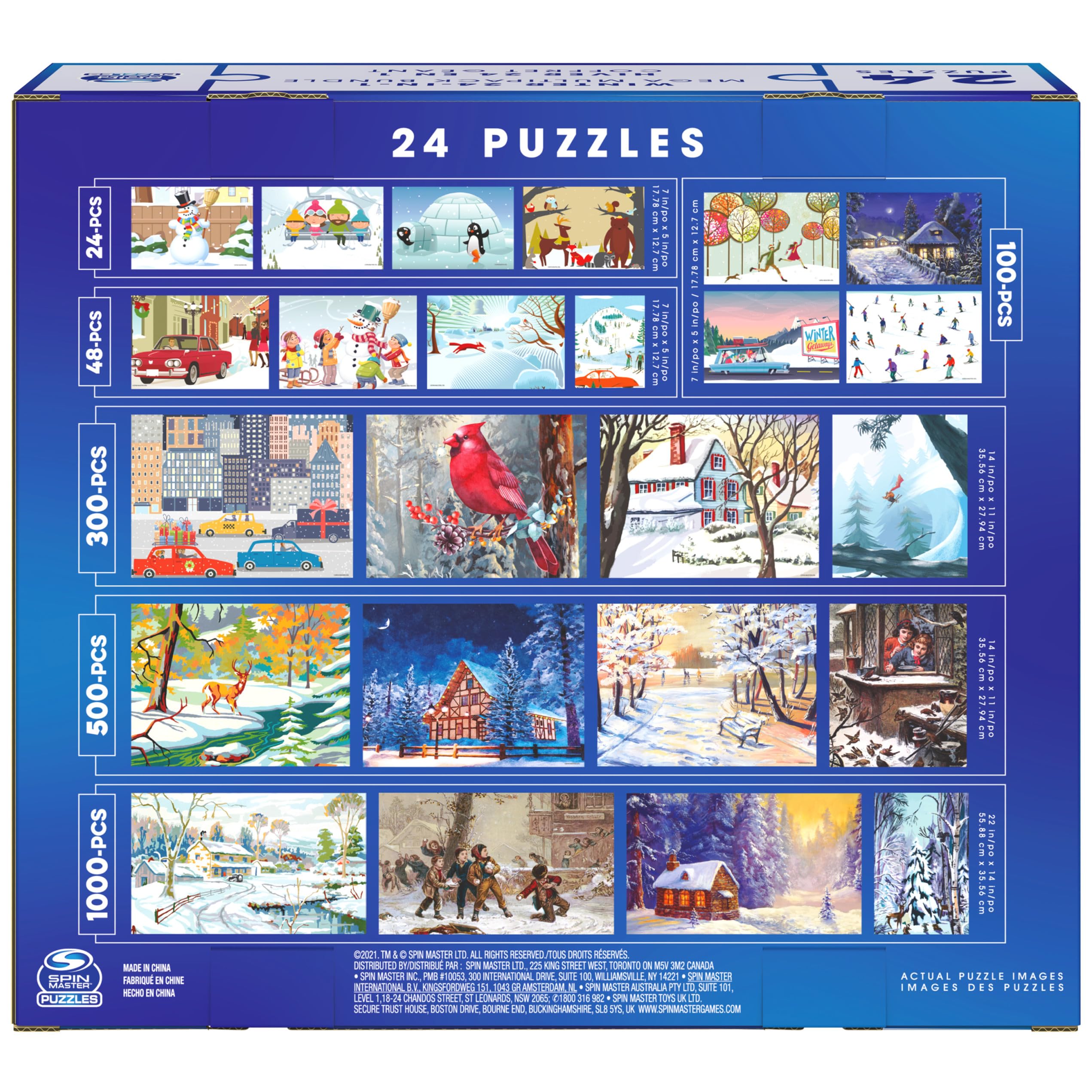 24 Jigsaw Puzzle Bundle, Holiday Winter Snow Illustration Landscape, 1000, 500, 300, 100, 48, 24 Pieces, for Kids and Adults Ages 8 and up