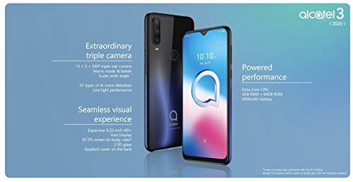 Alcatel 3 2020 (64GB, 4GB RAM) 6.22" HD+, 4000mAh Battery, Finger Print + Face Unlock, GSM Unlocked Global 4G LTE (T-Mobile, AT&T, Straight Talk) International Model 5029E (Chameleon Blue)