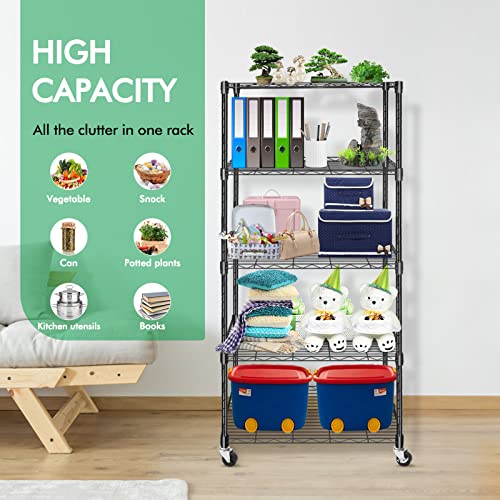 5-Shelf Adjustable,Heavy Duty Kitchen Shelf Organizer Rack,Kitchen Rack, Storage Shelving Unit on Wheel Casters,Steel Organizer Wire Rack, Metal Organizer Shelving Unit,Storage Shelf with Wheels