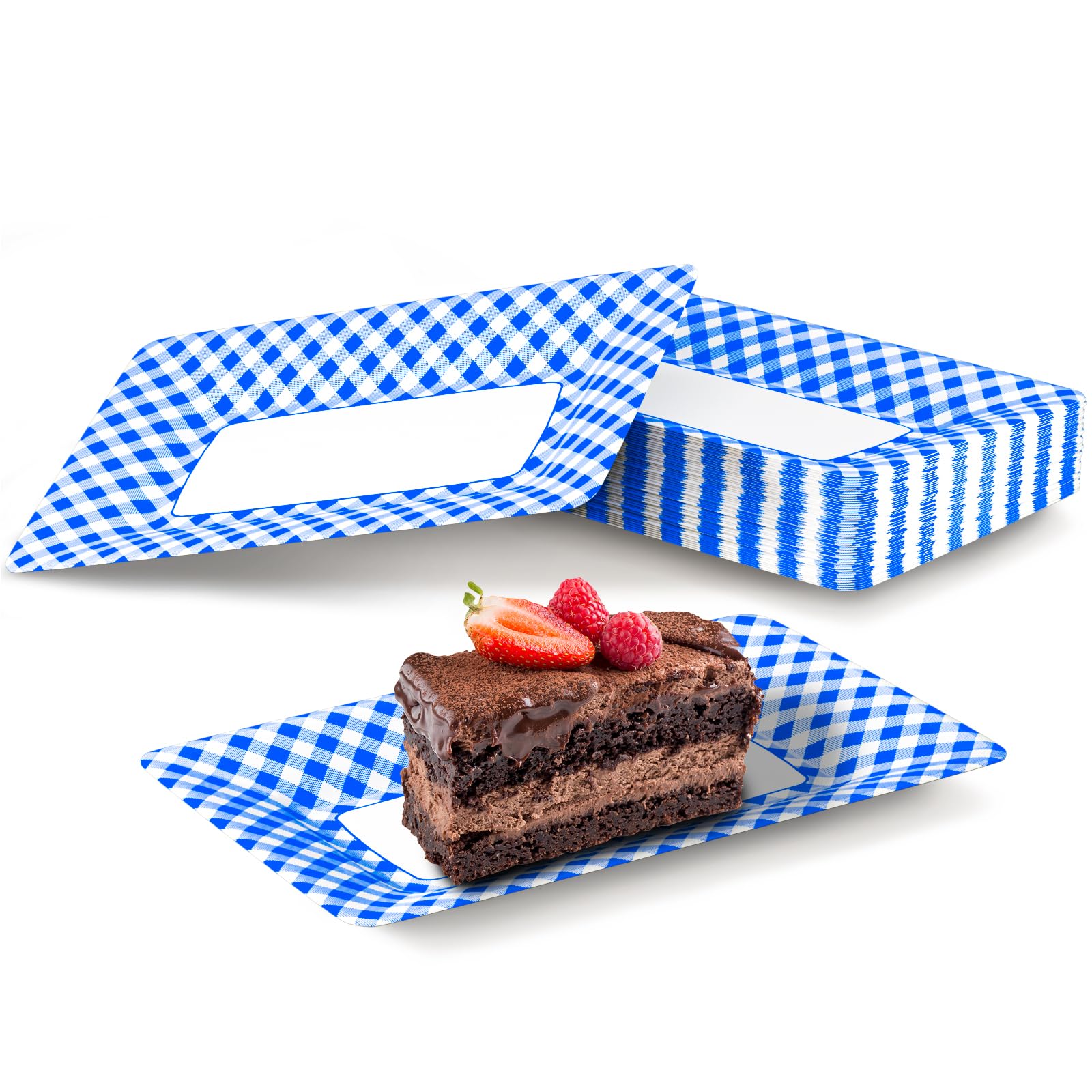 DYLIVeS Blue and White Buffalo Plaid Plates, 9.1 x 5.7 Inch Blue Checkered Disposable Paper Food Trays for Dessert Appetizers Snack Hotdog Rectangular Platters for Picnic, Graduation Party, 50 Pcs