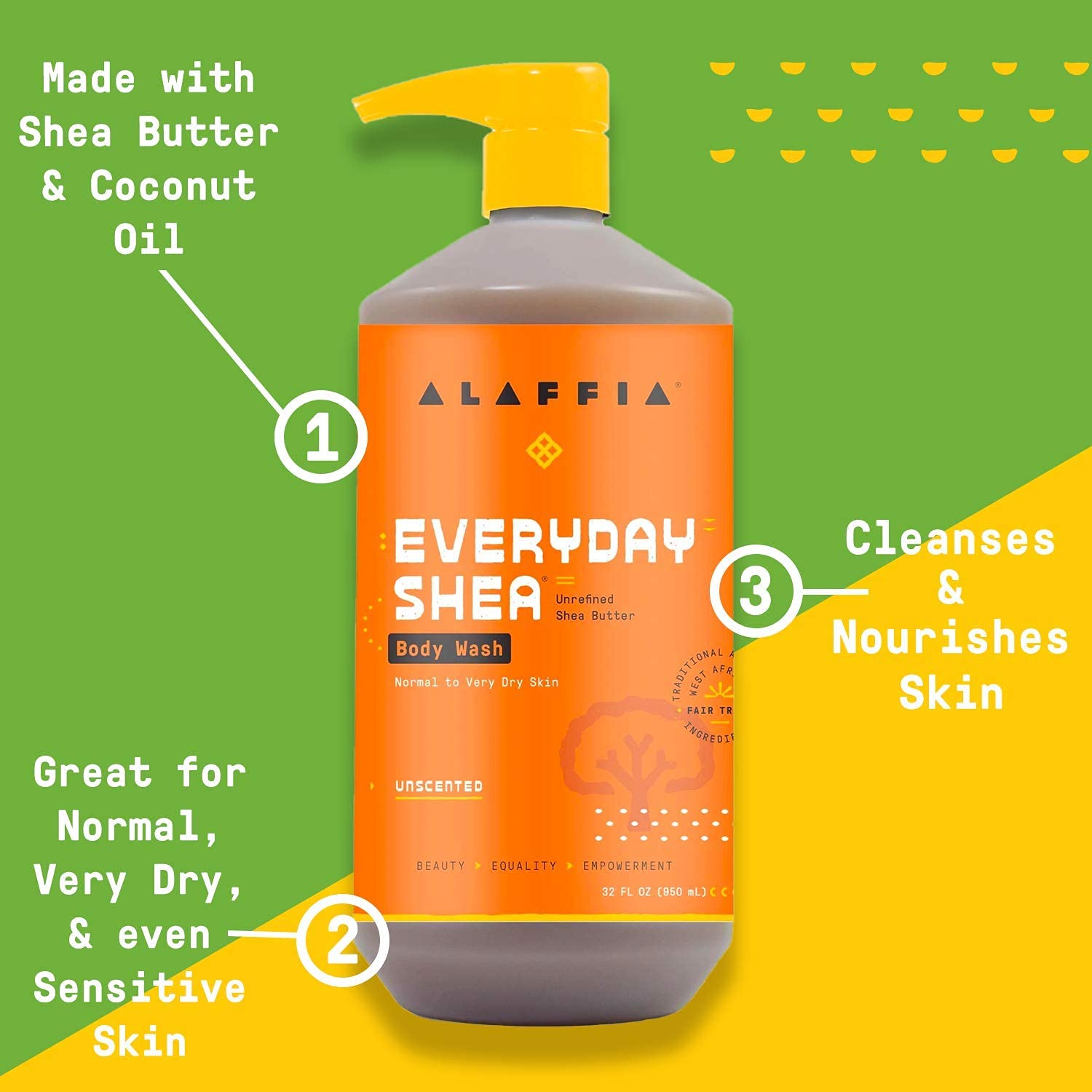 Alaffia Everyday Shea Body Wash, Naturally Helps Moisturize and Cleanse Without Stripping Natural Oils with Fair Trade Shea Butter, Neem, and Coconut Oil, Unscented, 2 Pack - 32 Fl Oz Ea