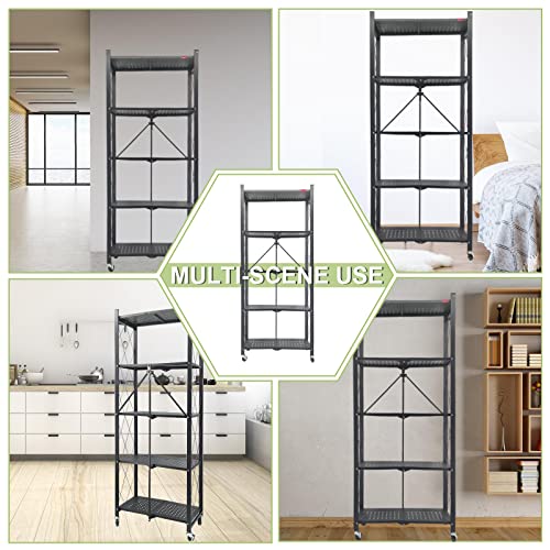 5-Shelf Foldable Storage Shelves with Wheels, Large Capacity Shelving Unit, Freestanding Metal Wire Shelf Rack, No Assembly Organizer Rack for Garage Kitchen, Basement, Pantry, Heavy Duty