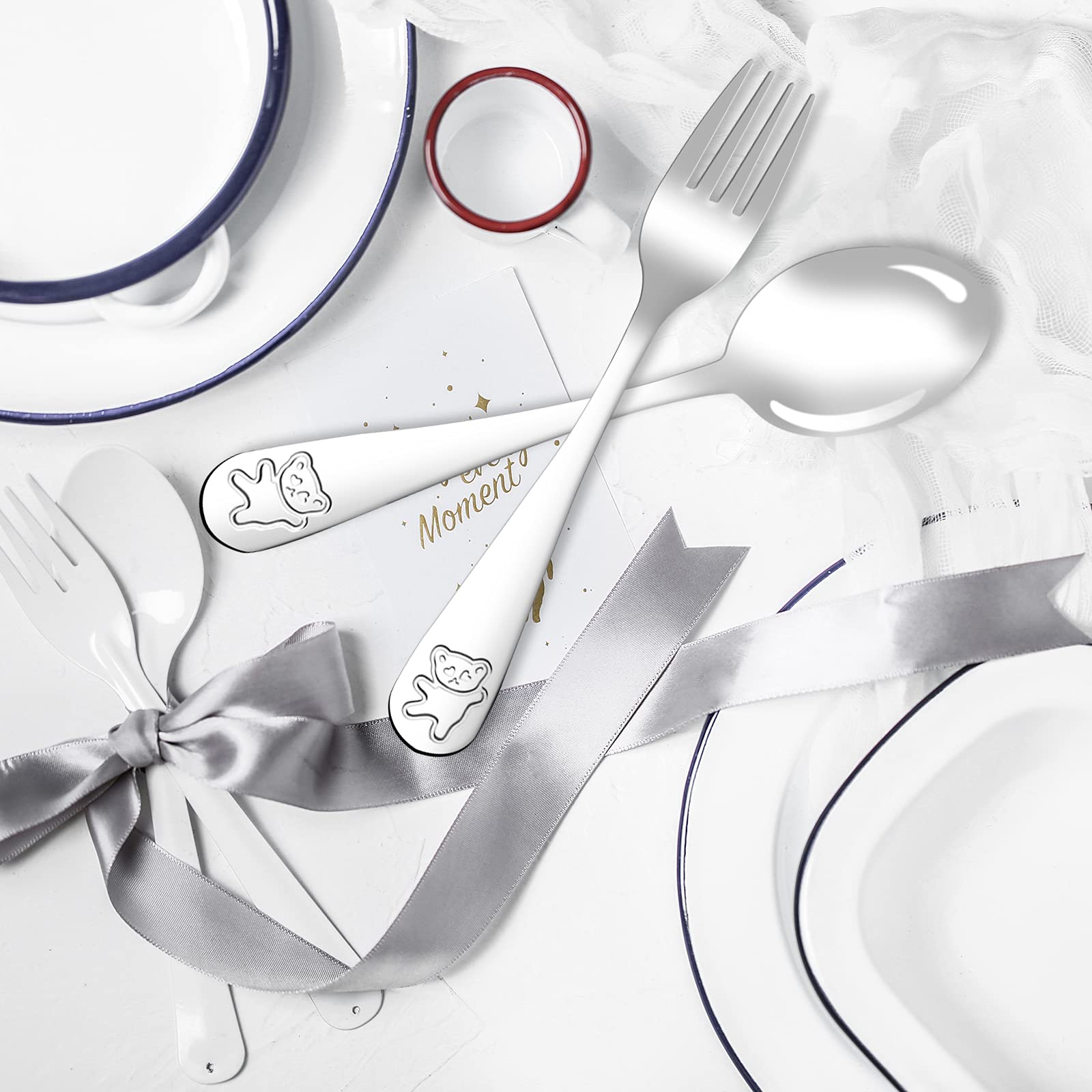 6 Pieces Stainless Steel Kids Flatware, Mirror Polished Child Toddler Silverware Little Bear Spoon and Fork Set, 3 x Safe Forks,3 x Children Tablespoons for Lunch Box