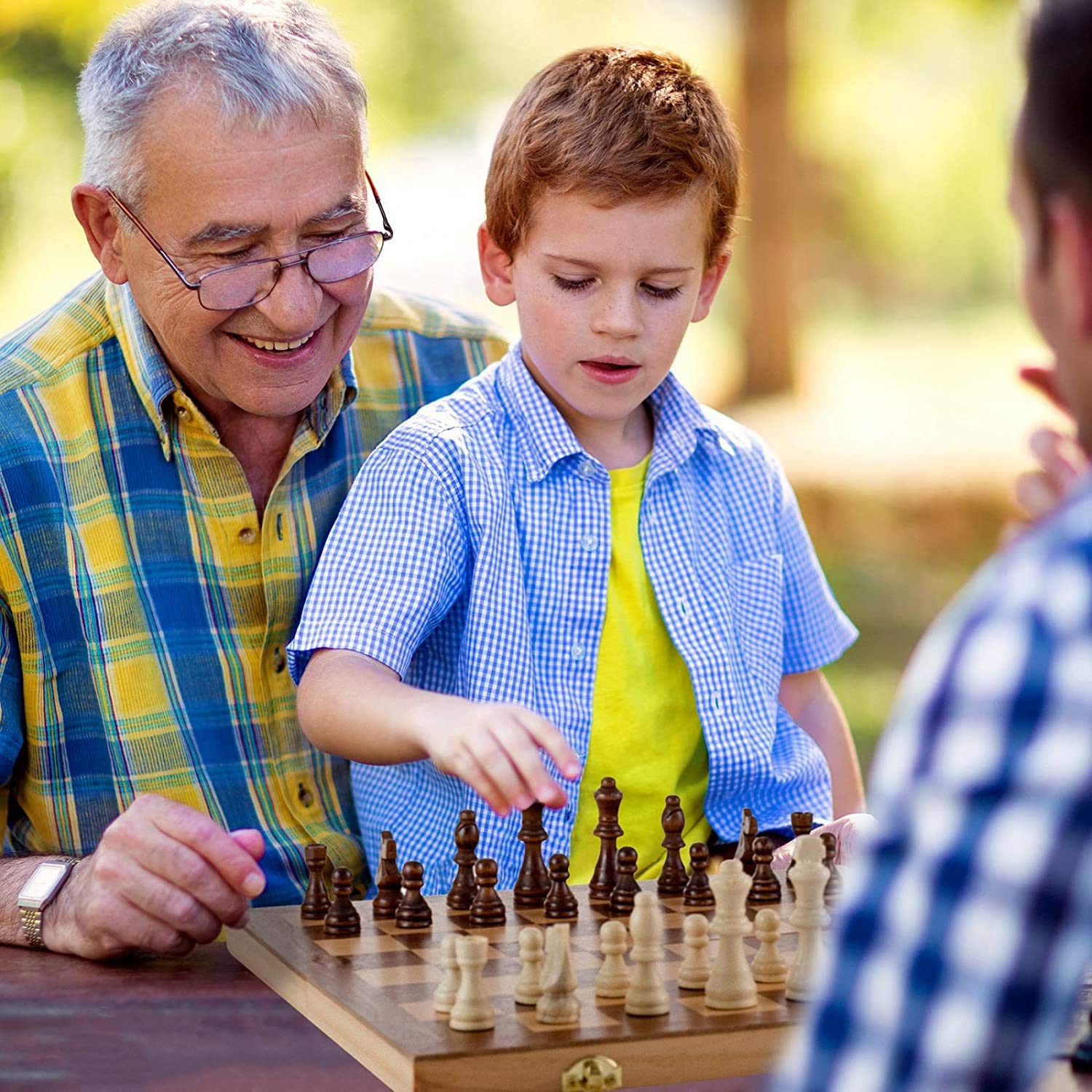 3 in 1 Wooden Chess Set, Folding Board Chess International Checkers Portable Chessboard Game Board Set (29*29cm)