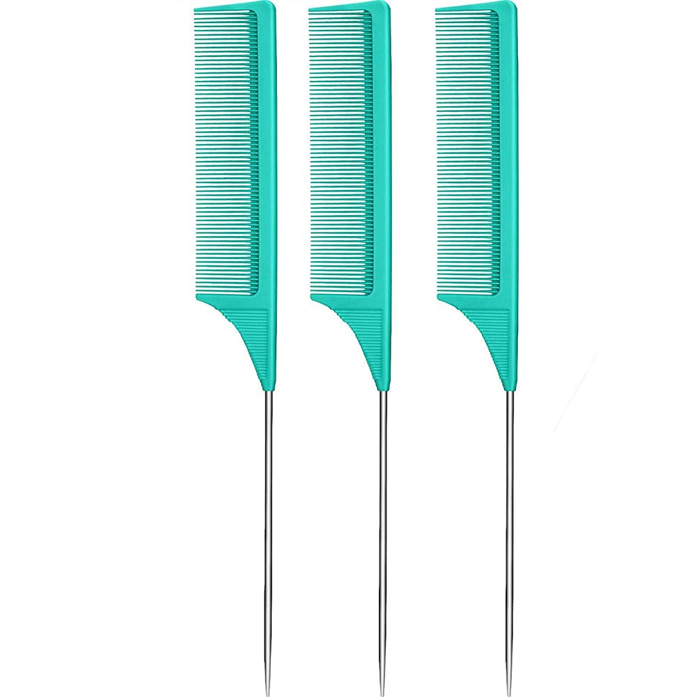 Generic 3 Pack - Rat Tail Comb,Steel Pin Carbon Fiber Heat Resistant Parting Combs with Stainless Steel Pintail (Turquoise)