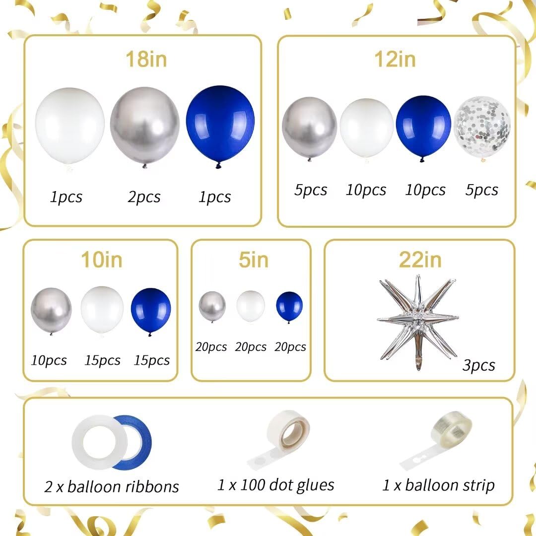 141pcs latex balloons with 3pcs Foil Balloons for Birthday Graduation Disco 2024 Prom Party Decorations⦠(Royal Blue Silver White)