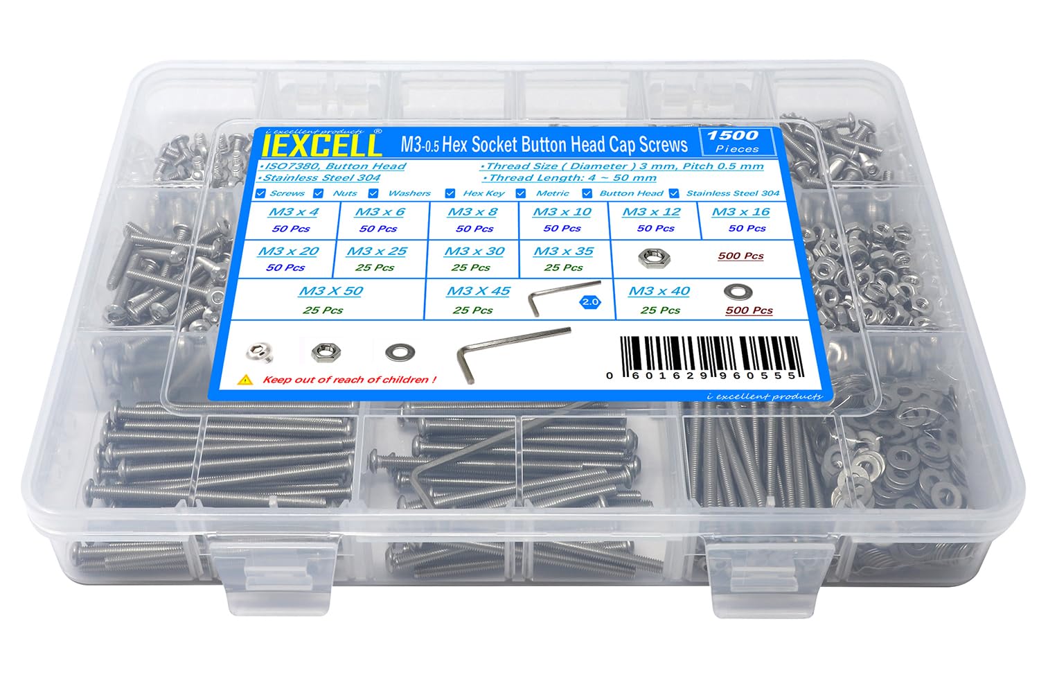 iexcell 1500 Pcs M3 x 4/6/8/10/12/16/20/25/30/35/40/45/50 Stainless Steel 304 Hex Socket Button Head Cap Screws Bolts Nuts Washers Assortment Kit