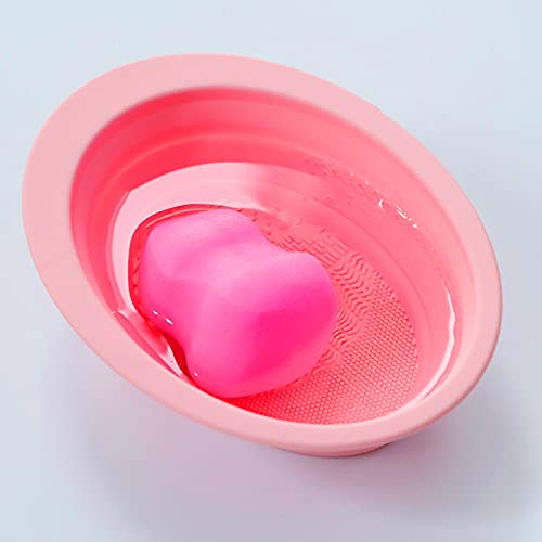 Makeup Brush Cleaning Mat, Silicone Makeup Brush Scrubber, Cosmetic Brush Cleaner, Brush Cleaning Pad, Foldable Makeup Brush Cleaning Bowl Suitable for Makeup Brush, Makeup Sponge, Powder Puff (Pink)