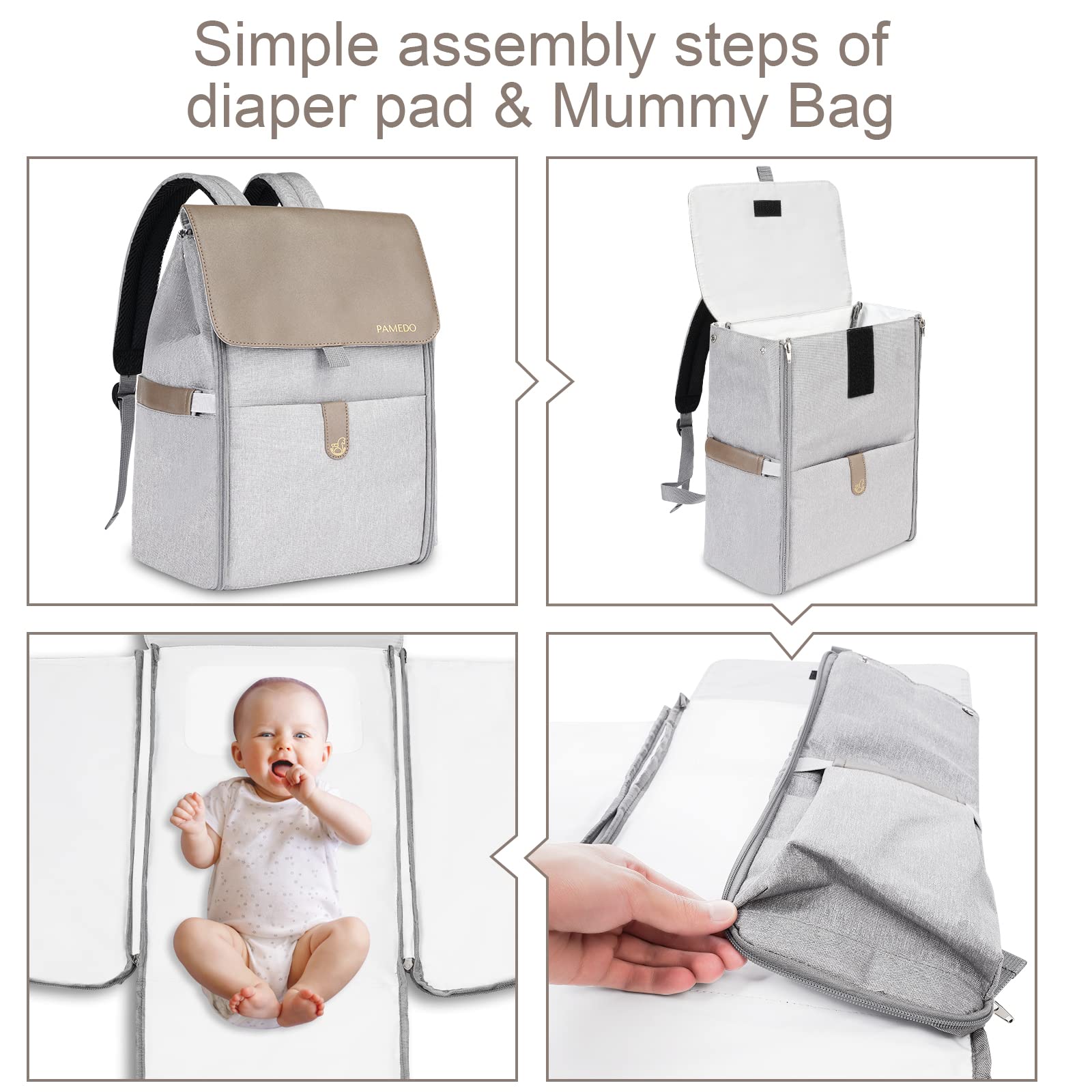 3 in 1 Diaper Bag with Changing Pad Station and Diaper Bag Tote – Pamedo Large Multifunction Travel Backpack- Waterproof Diaper Backpack- Unisex Newborn Gift Ideas Baby Bags, Grey, (PMD01)