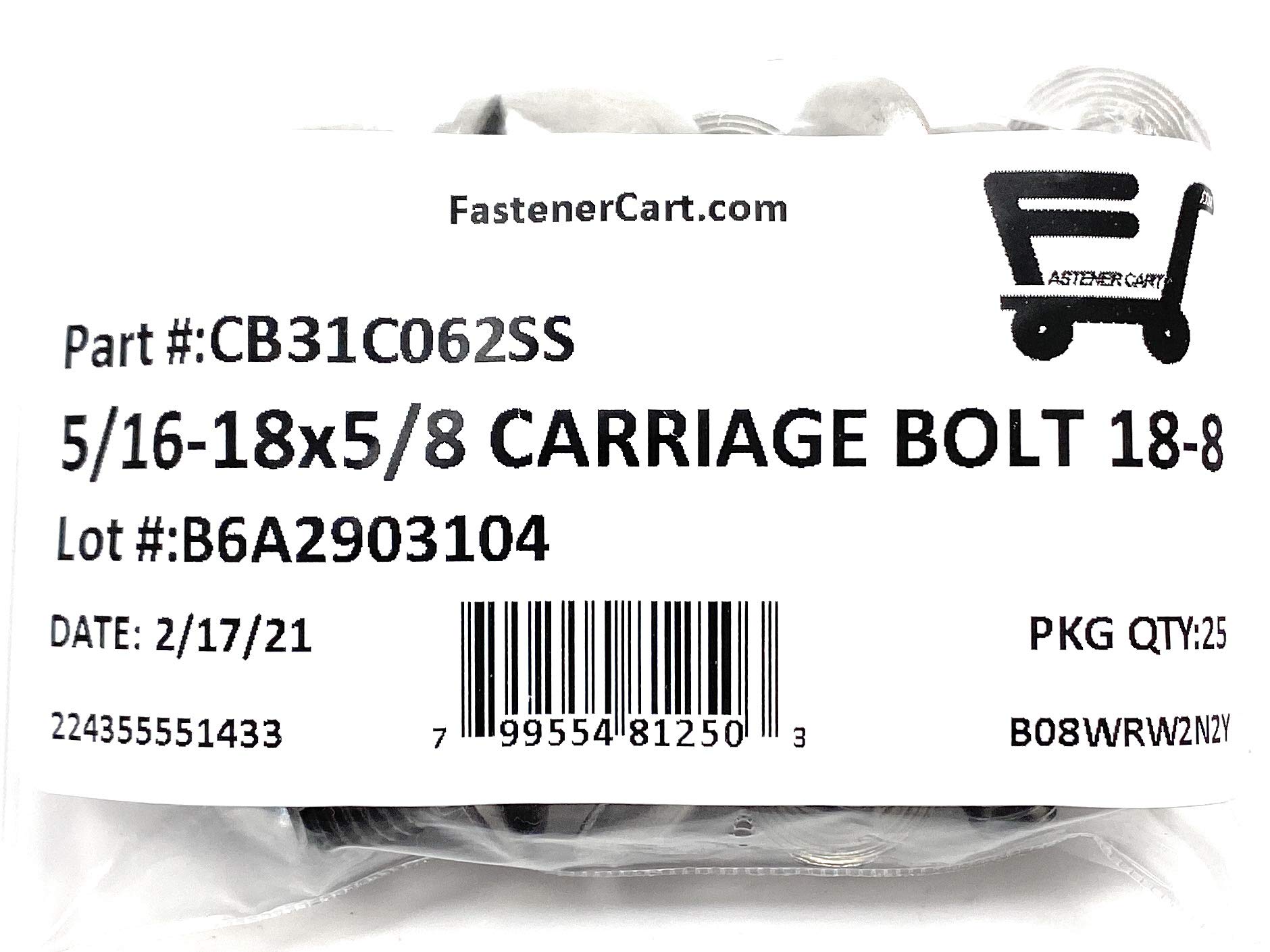 5/16-18x5/8 Carriage Bolts Stainless Steel 18-8 (25 Pieces)