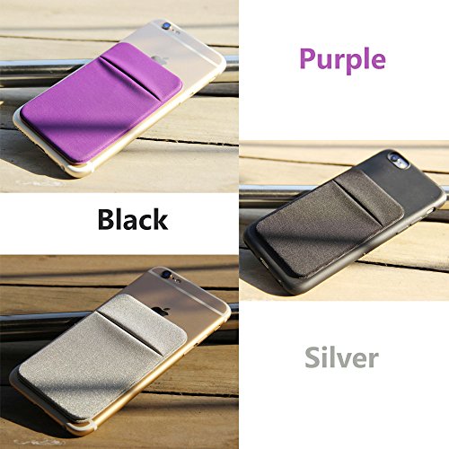 3Pack Cell Phone Card Holder Double Pocket for Back of Phone for ID/Credit Cards,Stick On Card Wallet Sticker Stretchy Lycra Fabric for iPhone,Android and Smartphones-Purple&Silver&Blackā¦