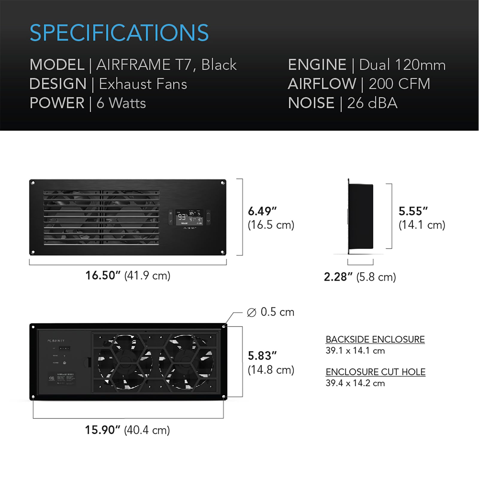 AC Infinity AIRFRAME T7 Black, High-Airflow Cooling Fan System 17", Exhaust Airflow, for AV Equipment Rooms, Closets, and Enclosures