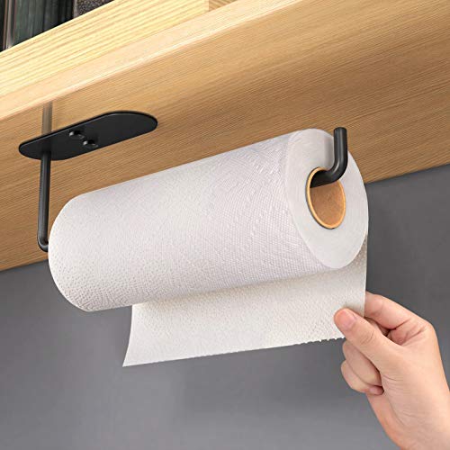 HUFEEOH Paper Towel Holder Under Cabinet Wall Mount for Kitchen Paper Towel, Black Adhesive Paper Towel Roll Rack for Bathroom Towel, SUS304 Stainless Steel