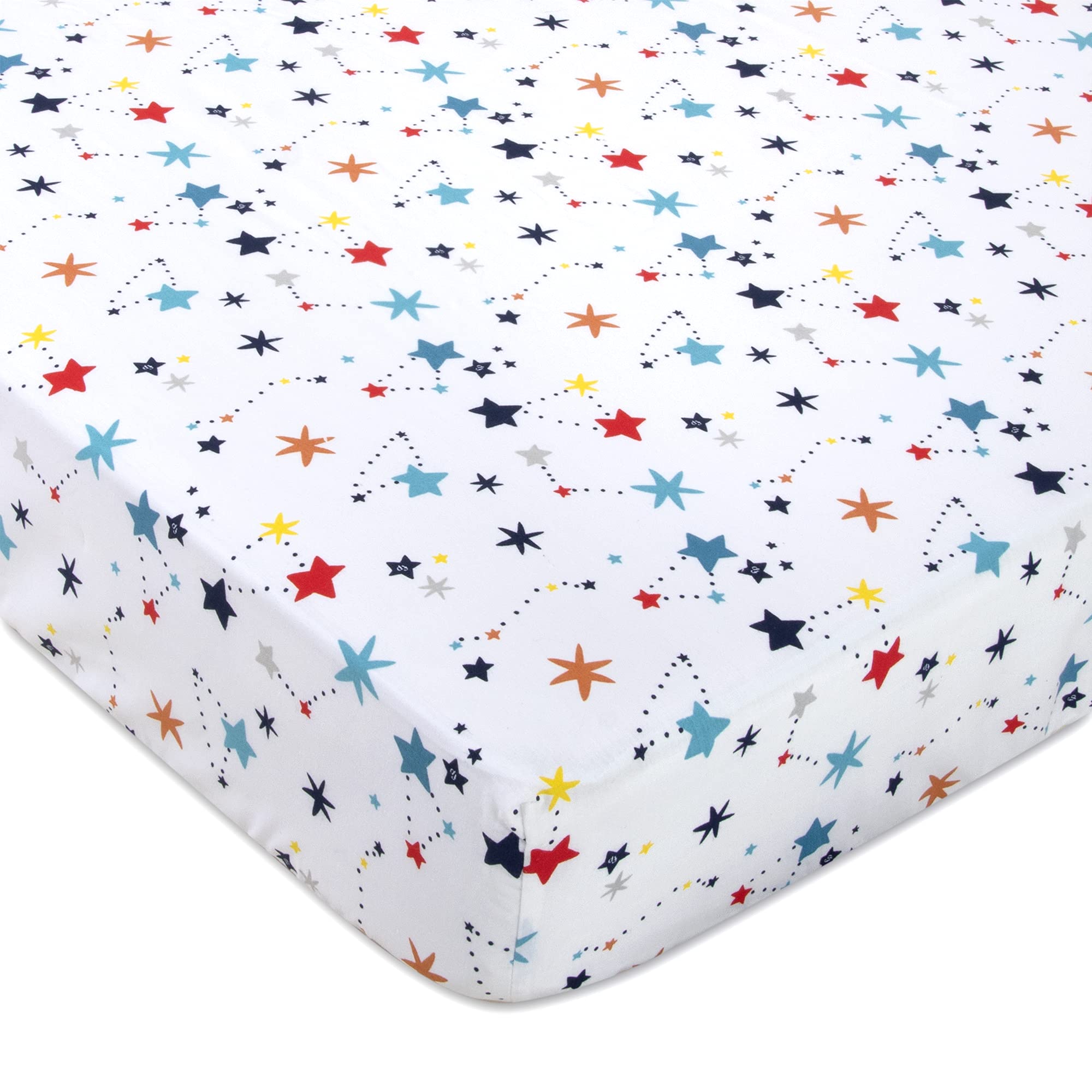 Fisher Price Space Explorer Fitted Crib Sheet Cotton Stars, Space Themed Nursery Bedding 28 x 52” Fitted Crib Sheet for Standard Crib Mattress