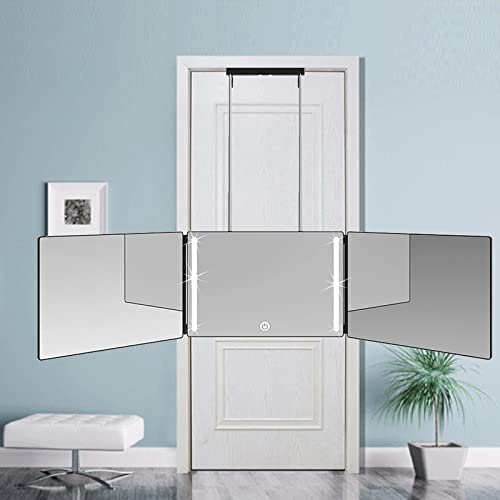 angilifan 3 Way Mirror for Hair Cutting, 360° Illuminated Trifold Makeup Mirror for Self Hair Styling, Adjustable DIY Haircutting Tool to Trim or Shave (with led)