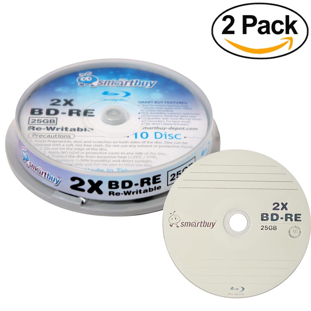 20 Pack Smartbuy 2X 25GB Blue Blu-ray BD-RE Rewritable Branded Logo Blank Bluray Disc