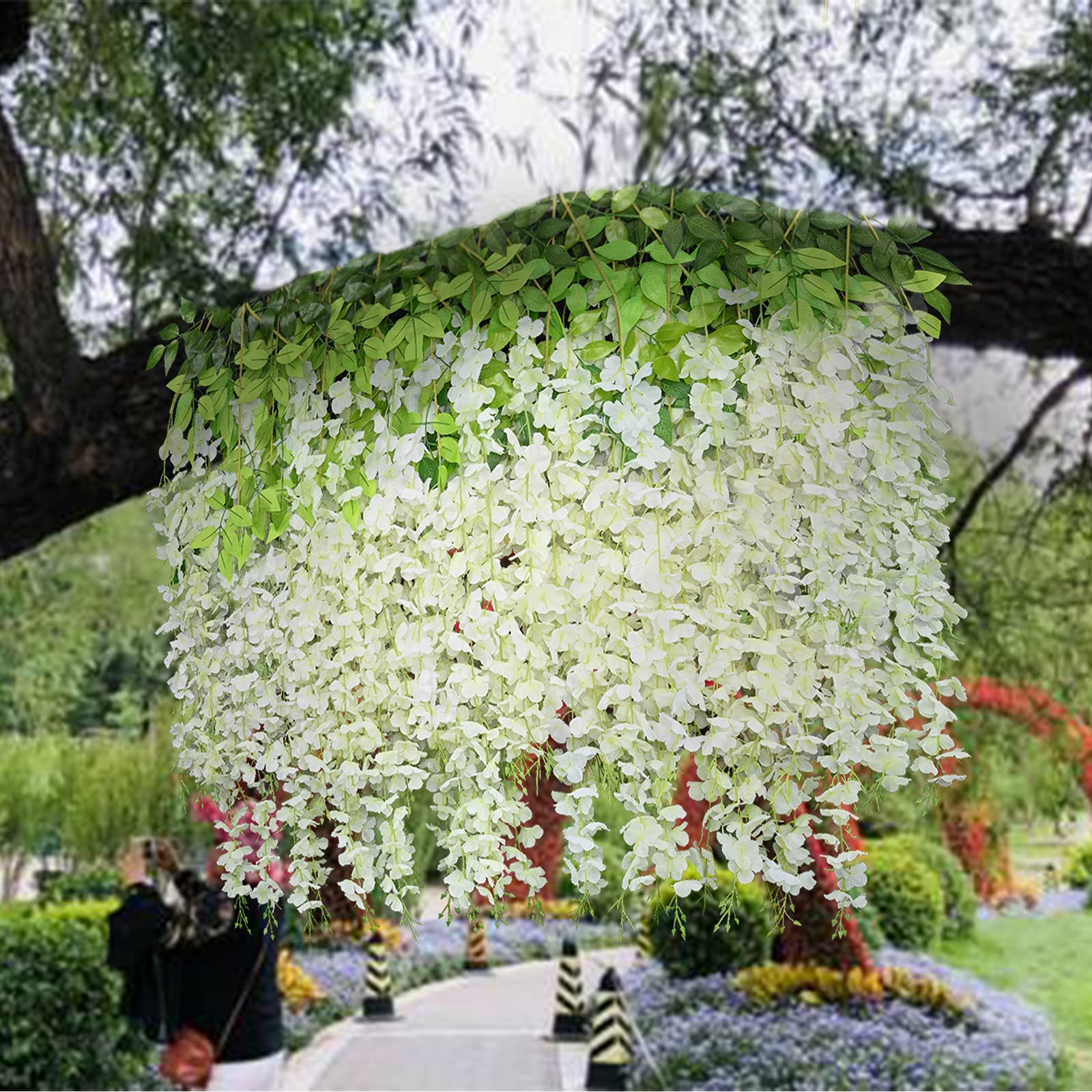 24 PCS Wisteria Artificial Flower 3.6 Feet Vine Ratta Hanging Garlands Silk Flowers String with 2 Pack Artificial Flowers Garland for Home Party Wedding Garden Outdoor Ceremony Greenery Wall White