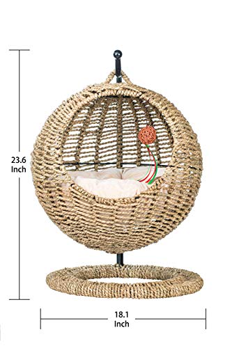YoSpot Hand Made Wicker Cat Bed Basket Swinging Pet House Nest for Small Dog Cat with Cushion